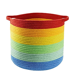 Oaixuilhy Cotton Rope Woven Storage Basket with Handles Cotton Blanket Organizer Laundry Basket Empty Gift Basket for Planter Shelf Desk Home Decor (14 x 12 Inches, Rainbow)