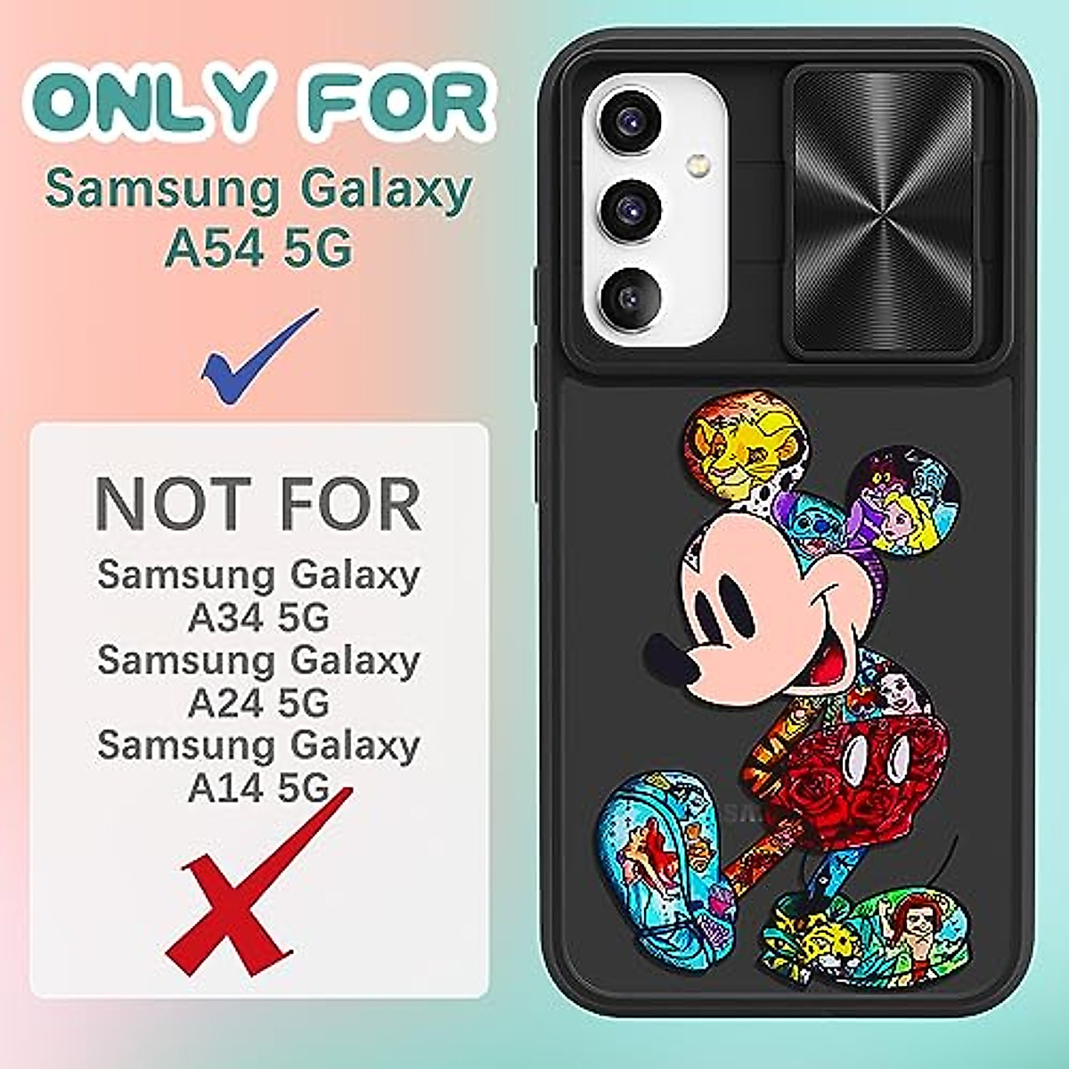 Joyleop (2in1 for Samsung A54 Phone Case Cartoon Cute for Girls Women Teen Kids Girly Phone Covers Fun Unique Pattern Design with Slide Camera Cover+Ring Holder for Samsung Galaxy A54 5G 6.4", Black