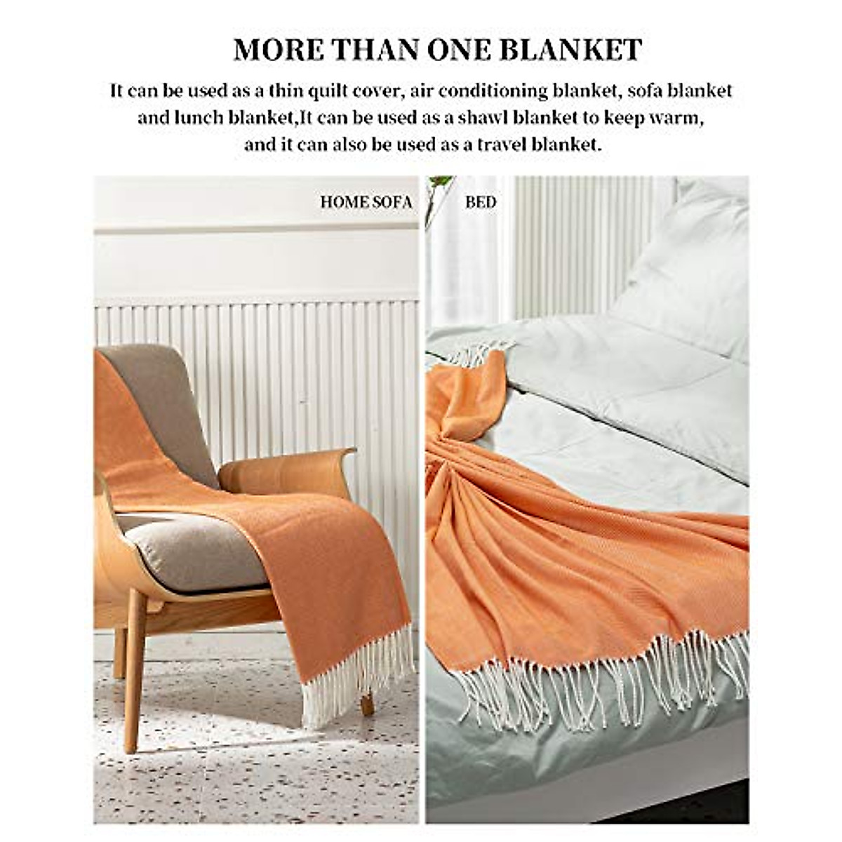 SPAOMY Herringbone Throw Blanket Faux Cashmere with Tassels Soft Cozy Lightweight Decorative Throw Blanket for Bed, Sofa, Farmhouse Outdoor- All Seasons (50x60 Inch, Orange)