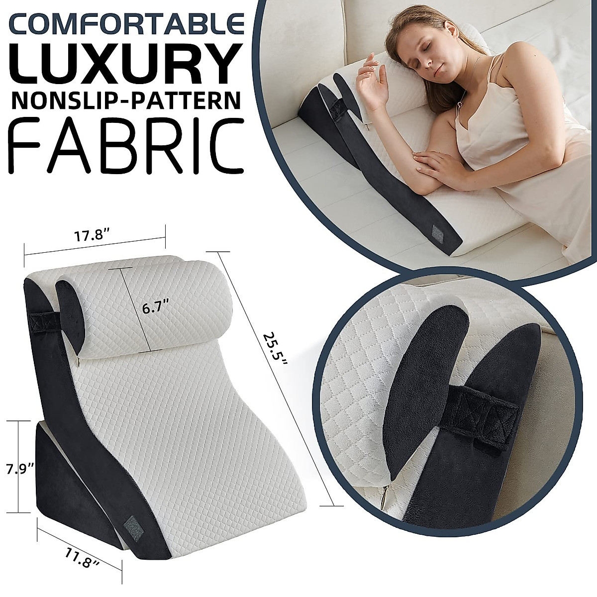 3PCS Qirroboni Orthopedic Bed Wedge Pillow Set, Adjustable Pillows for Neck, Back and Leg Pain Relief Comfortable & Post Surgery Foam - Heartburn, Anti Snoring, Acid Reflux GERD Sleeping Charcoal Grey