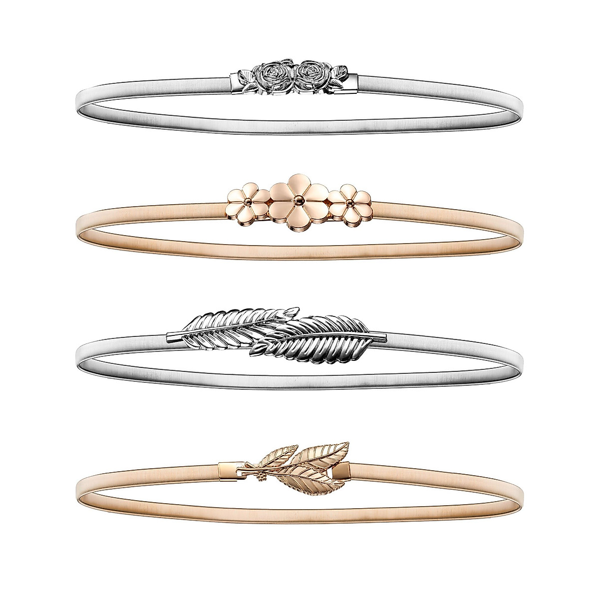 4 Pieces Women Elastic Waist Belt Stretch Metal Dress Belt for Women, Silver and Gold