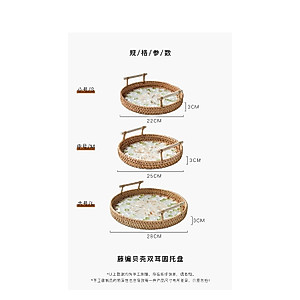 BAUHUS Set 3 Pack Round Rattan Wicker Tray with Mother of Pearl Inlay Wooden Handle for Fruit Serving, Coffee Table Tray, Vanity Tray Organizer for Kitchen, Storage and Display White Set 3