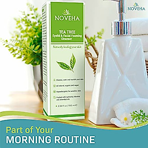 NOVEHA Tea Tree Oil Foaming Cleanser | Therapeutic Daily Skincare For Eyelash & lids, MGD, Eye Irritations, Stye Eyes, Skin Dryness, Moisturize with Organic Ingredients, For All Skin Types 3.38 Fl Oz