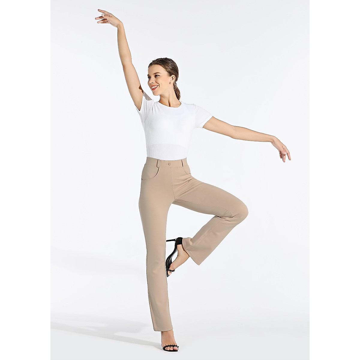 Willit 33" Women's Yoga Dress Pants Bootcut Work Slacks Stretch Office with Belt Loops 4 Pockets Khaki XXL