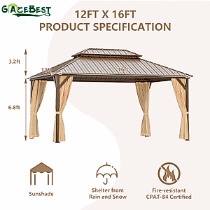 GAZEBEST 12x16 ft Hardtop Gazebo Outdoor Aluminum Patio Gazebo Double Roof Galvanized Steel Gazebo Canopy with Netting and Curtains,for Garden Patio,Patio Backyard,Deck and Lawns