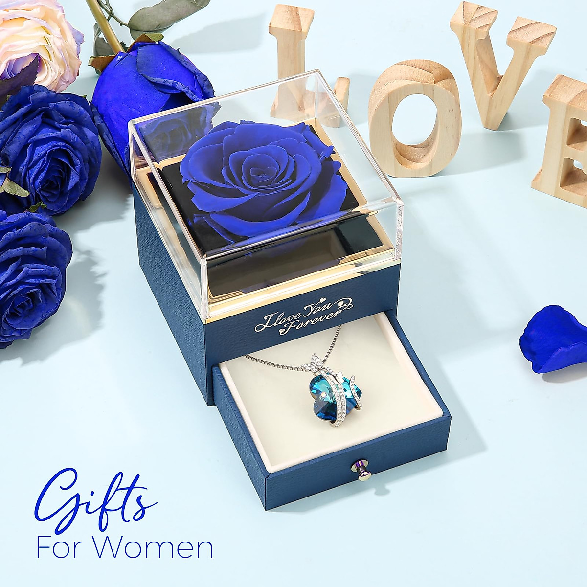 NEWNOVE Preserved Blue Real Rose with Butterfly Necklace, Gifts for Women, Wife, Mom and Girlfriend on Christmas, Anniversary Birthday Flower Gifts for Women