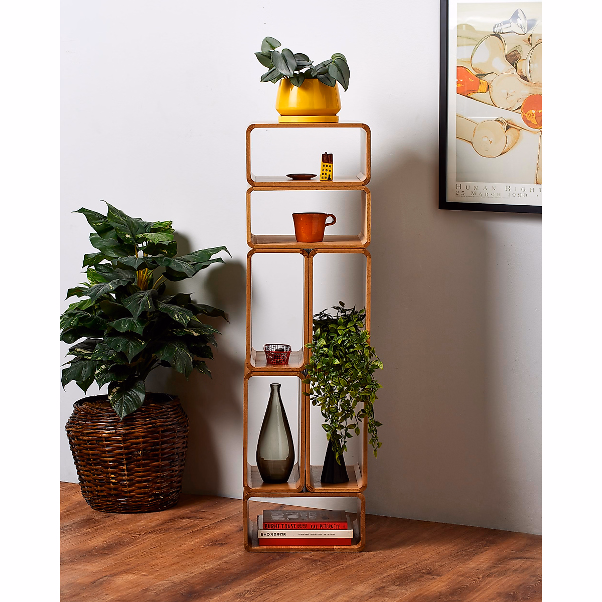 Contempa Single Modular Floor Shelf Stackable Wooden Oak Shelving Unit, Multipurpose Organization for Bedroom Living Room Office, and Home Décor Contemporary and Modern Design, 14” W x 14” L, 14” H