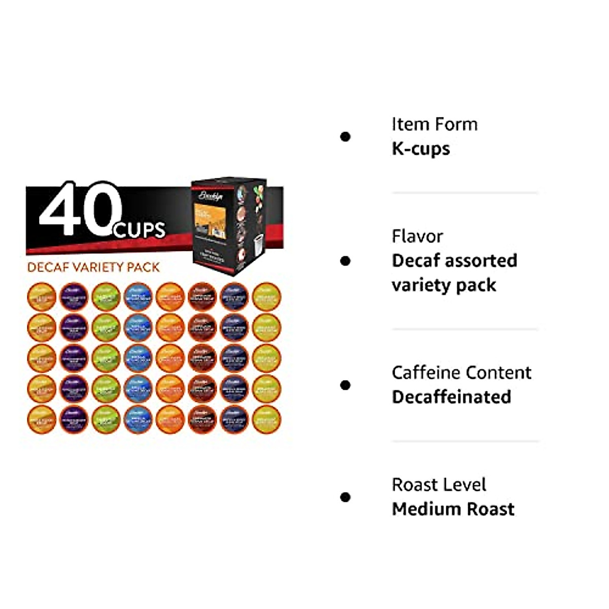 Brooklyn Beans Coffee for Keurig Coffee Pods Compatible with 2.0 K-Cup Brewers, Assorted Decaf Variety Pack, 40 Count (Pack of 1), BB DV40
