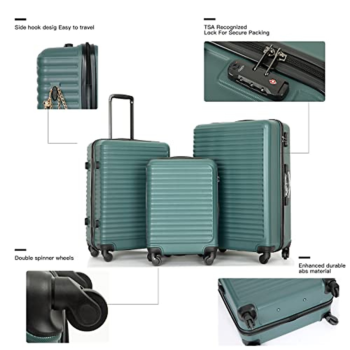 Travelhouse Hard Shell Luggage Set: Lightweight Carry-On with Silent Airplane Spinner Wheels, TSA Lock and Cool Rolling Design - Ideal for Business Trips and Back to School (Green)