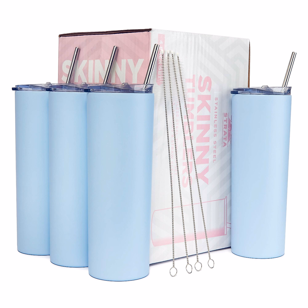 STRATA CUPS Periwinkle Skinny Tumbler with Lid and Straw (4 Pack) - 20 Oz Double Wall Insulated Stainless Steel Slim Tumbler with Straw Cleaner, Reusable Metal Tumbler for Hot and Cold Drinks
