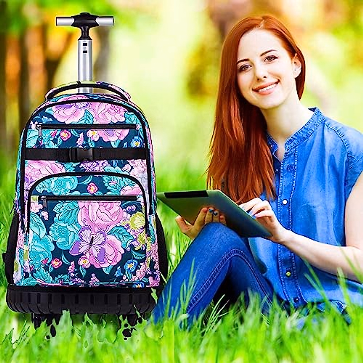 Rolling Backpack for Girls, 21 Inch Water Resistant Flowers Butterfly Bookbag with Roller Wheels, Elementary Wheeled Backpacks for Teens Students School Travel