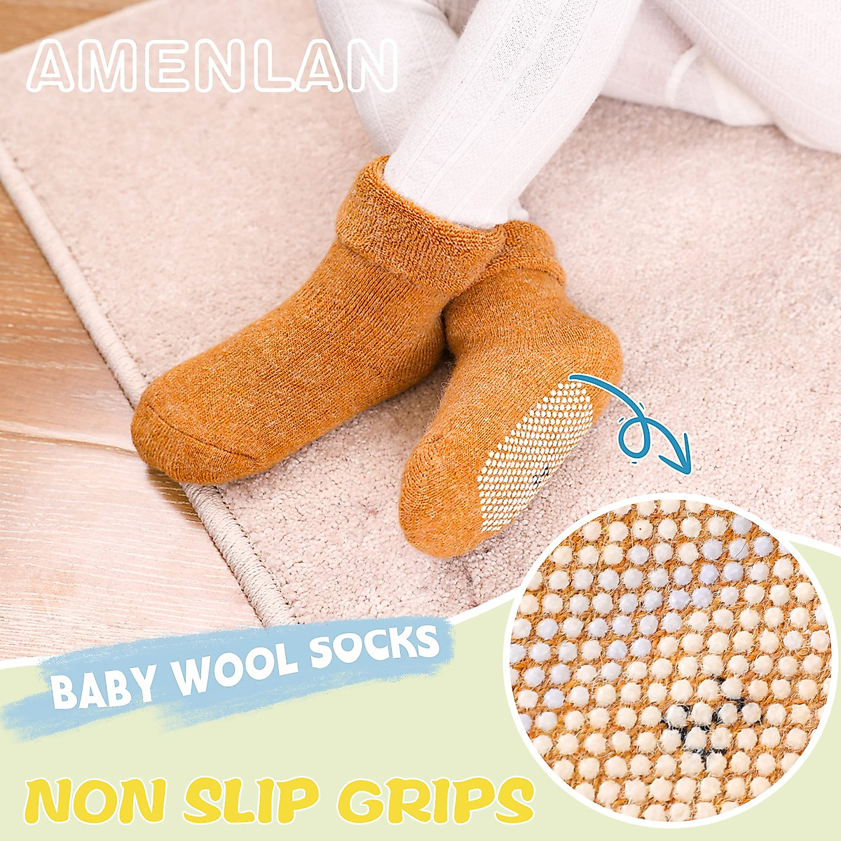 AMENLAN Baby Wool Floor Socks Soft Winter Warm Thick Non slip Toddler Boys Girls Crew Neck Socks 6 pairs (Solid Color B, 0-12 Months)