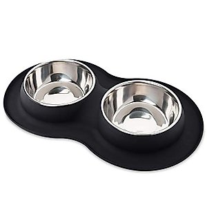 Roysili Double Dog Bowl Pet Feeding Station, Stainless Steel Water and Food Bowls with Non Skid Non Spill Silicone Mat, Quality Dog Bowl Holder for Small Medium Dogs Cats (MIini(for Puppies), Black)