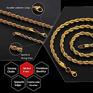 M MOOHAM Gold Chain for Men, 3mm 20 Inch Stainless Steel Gold Plated Twist Rope Chain Necklace for Men