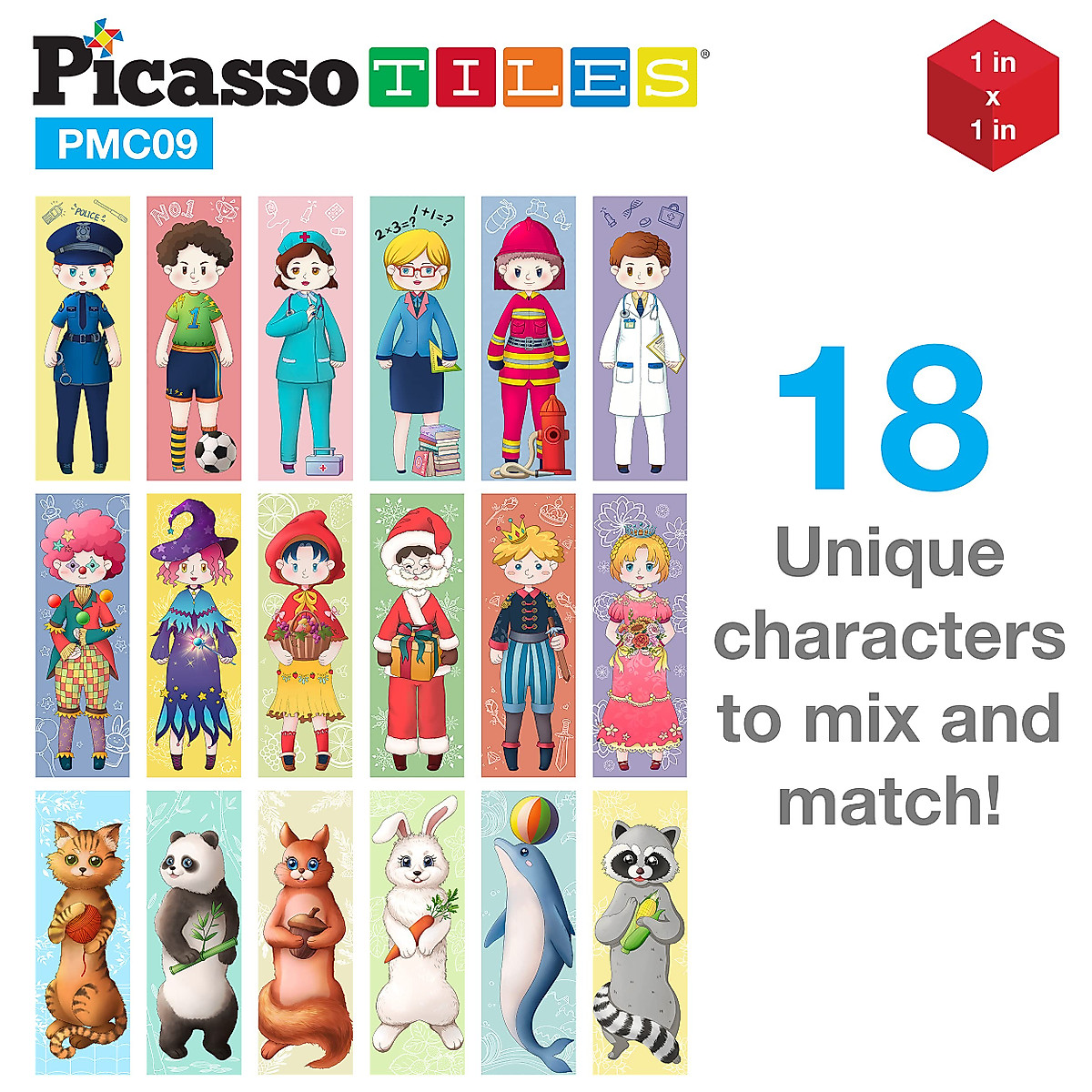 PicassoTiles Magnetic Puzzle Cube Characters + Mini + Black and White, 9pc with 18 Unique Characters Mix & Match Cubes Sensory Toys, 0.5” Pixel 100pcs, 1” 101pcs, Free Ideabook with 53 Ideas Age 3+