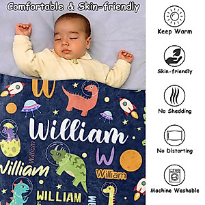 Personalized Dinosaur Throw Blanket for Boys Custom Name Soft Flannel Blanket for Kids Dino Outspace Plush Navy Blue Blanket Gift Birthday Christmas Baby Nursery Room Decor, 30 X 40inch