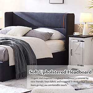 Zanmintaobo Queen Bed Frame with Storage, Upholstered Platform Bed with Lift up Hydraulic System, Linen Fabric Wingback Headboard, Wood Slats Support, Easy Assembly, No Box Spring Needed, Dark Grey