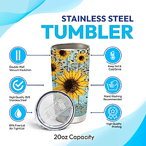 Hyturtle Personalized Gifts For Sunflower Lover - Sunflower Prints Custom Name Stainless Steel Tumbler 20oz With Lid - Idea Floral Lover Gifts For Women Girl On Birthday, Christmas