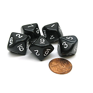 Koplow Games Set of 5 D10 10-Sided 20mm Opaque RPG Dice - Black with White Numbers