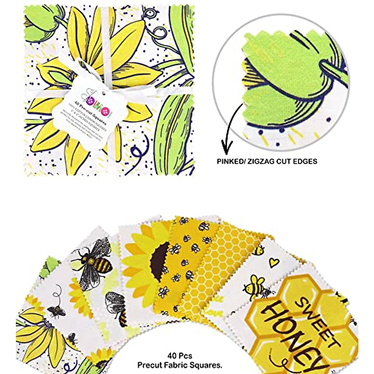 Soimoi Honey Bee Print Precut 5-inch Cotton Fabric Quilting Squares Charm Pack DIY Patchwork Sewing Craft- White & Yellow