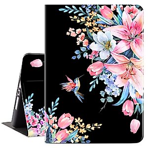 Vimorco Case for ipad 9th Generation 2021, Case for ipad 8th/7th Generation 2020/2019, Pu Leather Adjustable Stand Cover for Apple ipad 10.2 inch, Black Hummingbirds & Flowers