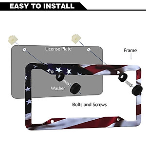American Flag License Plate Frame Holder - 2 Pack Universal Aluminum Matte Stripe US Flag Gloss Patriotic Car Plate Frame Covers with Free Screws Fasteners Caps
