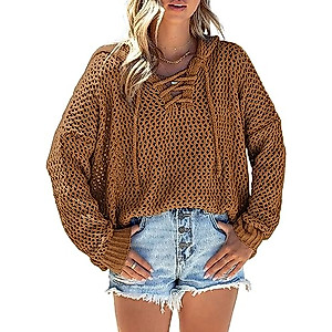 EVALESS Fall Sweaters for Women 2023 Long Sleeve Cover Ups for Swimwear Women Knitted Hollow Out Sweater V Neck Drawstring Chunky Cutout Sweater Crochet Hoodie Pullover Khaki M