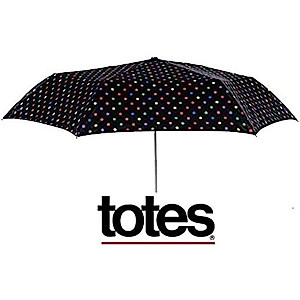 Totes Micro Mini Manual Compact Umbrella, NeverWet technology, Colorful dots on black, 38" arc Coverage