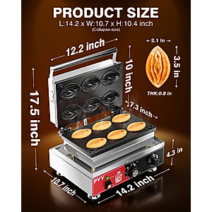 PYY Commercial Waffle Maker - 6pcs Strange Shape Abalone Waffle Iron Machine, Electric Stainless Steel Double Sided Removable Plates, 1600W 122-572℉ Temp Control | Black Non-stick Coating | Crumb Tray