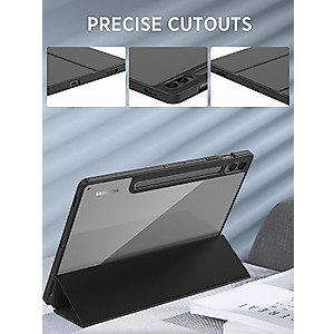 MoKo Case Fits Samsung Galaxy Tab S9 FE Plus 12.4-Inch 2023 (SM-X610/SM-X616), Lightweight Tablet Trifold Cover Case Transparent TPU + PC Back Shell with Pen Holder Slot/Auto-Wake, Black