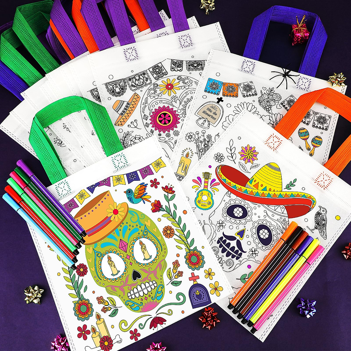 HOWAF Day of The Dead Coloring Gift Bags with 24 （12 Colors） Paint Pens, 12pcs Color Your Own Sugar Skull Tote Bags Dia De Los Muertos Non-Woven DIY Bags for Mexican Halloween Party Favors Activity