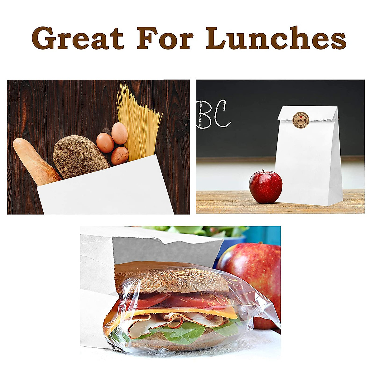 Paper Lunch Bags 50 Count Large White Lunch Bags Kraft White Paper Bags 8LB White Lunch Sacks Strong for Small Business