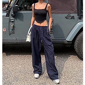 MANGMAO Womens Y2k Track Pants Y2k Clothing Parachute Pants High Waisted Cargo Pants with Pockets Trendy Baggy Sweatpants (Navy,S,Small)