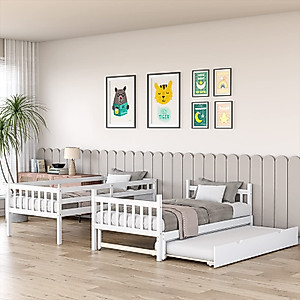 KOTEK Pull-Out Bunk Bed with Trundle, Twin Over Full, Twin Over 2 Twins Bunk Bed with Ladder & Safety Rails Accommodate 4 People, Detachable Solid Wood Bunk Bed for Kids, Adults (White)