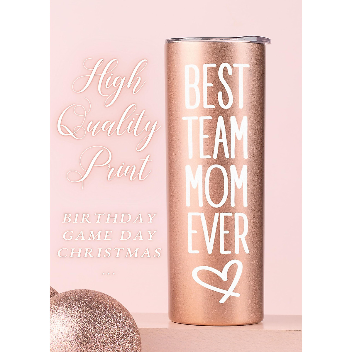 Onebttl Team Mom Gifts for Women, 20oz Skinny Tumblers, Base Ball Soccer Basket Ball Soft Ball Mom Gifts, Rose Gold, Best