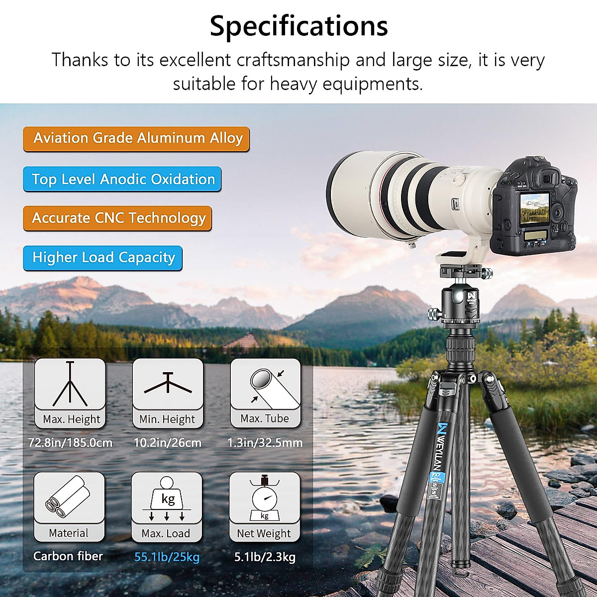 Professional Heavy Duty Carbon Fiber Tripod, ARTCISE 72.6'' Camera Tripod Monopod, 10-Layer Carbon Fibre Tube, 32.5mm Leg with Panorama 44mm Tripod Ball Head for Canon Sony DSLR SLR Digital Camcorder