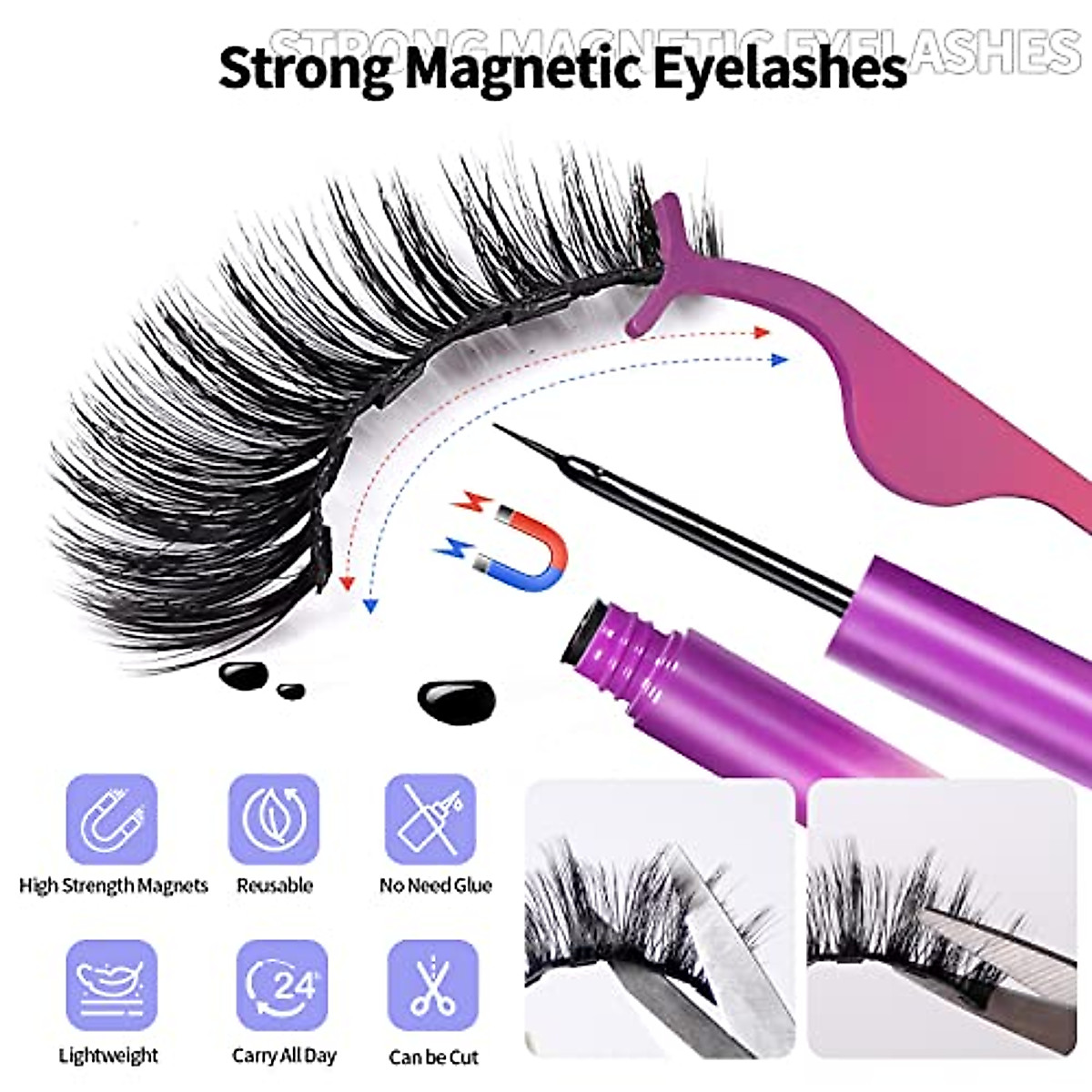 Magnetic Eyelashes with Eyeliner, 10 Pairs 3D Natural Look False Eyelashes, Magnetic Eyelashes and Eyeliner Kit, Reusable Magnetic Lashes with Eyeliner and Tweezers, No Glue