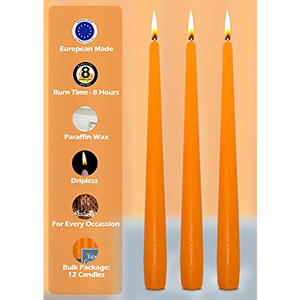 Hyoola Tall Taper Candles - 10 Inch Orange Unscented Dripless Taper Candles - 8 Hour Burn Time - 12 Pack
