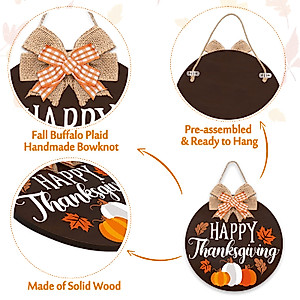 Happy Thanksgiving Wooden Front Door Sign Fall Holiday Rustic Natural Wood Round Door Hanger with Orange Buffalo Plaid Bow Wall Art with Pumpkins Autumn Leaves Decoration Ideas 12 Inches