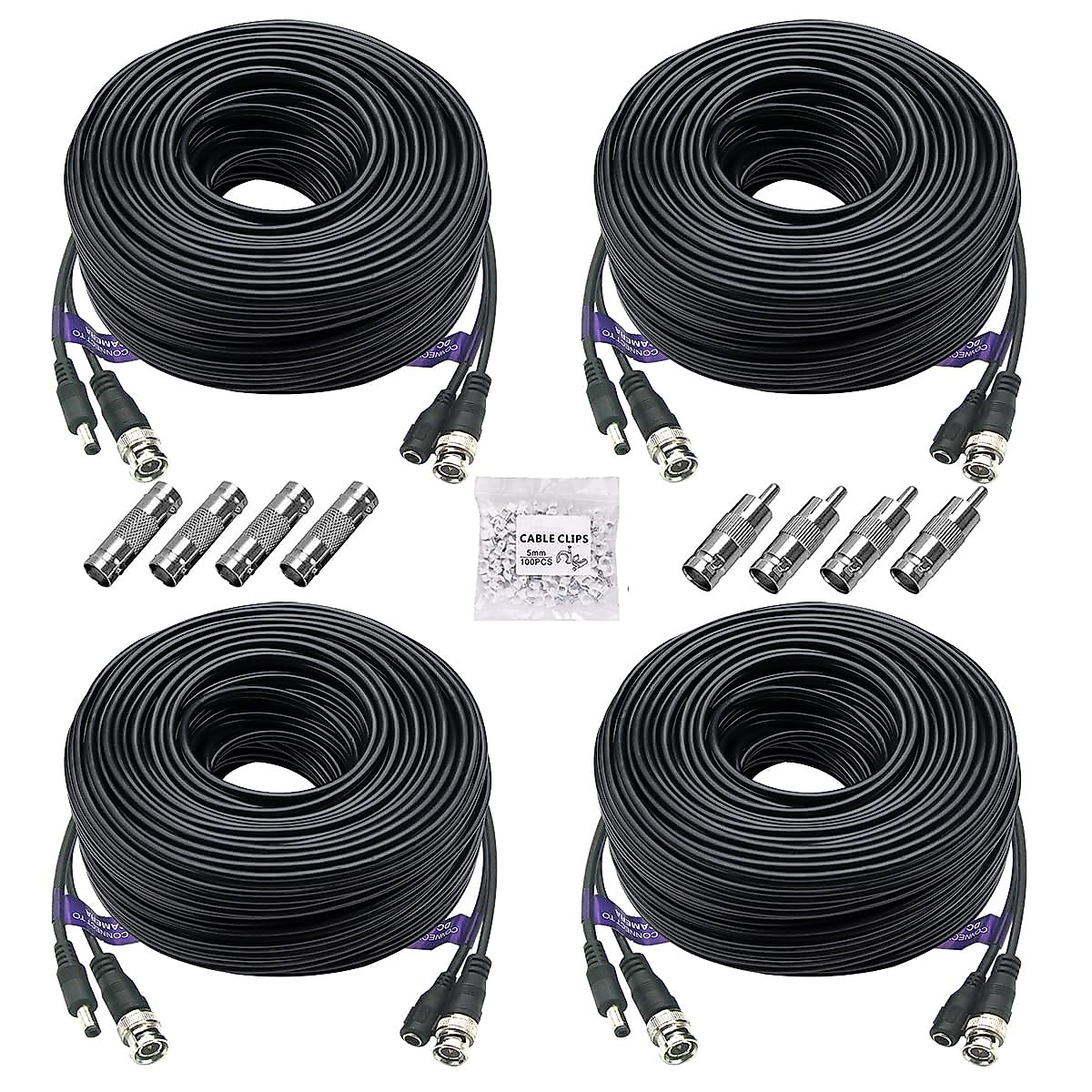 Anlink 4 Pack 100Ft/30M 4K 8MP 5MP All-in-One BNC Video Power Cable, BNC Extension Surveillance Camera Wires for CCTV Camera DVR Systems (8pcs BNC Connectors, 100pcs Cable Clips Included)