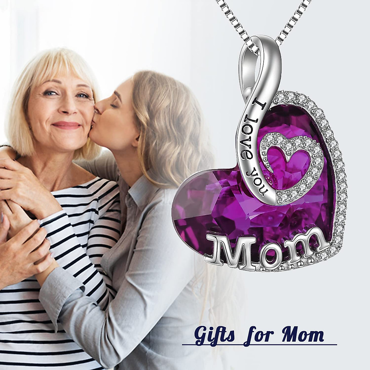 TOUPOP Gift for Mom Sterling Silver I Love You Mom Jewelry with Heart Amethyst Crystal, Birthday Gifts for Mom from Son Daughter