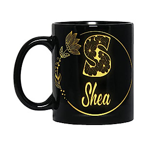 Coffee Mug Personalized Shea Name & Initial Letter Monogram Floral Alphabet Mug Golden Flowers Custom Black Coffee Cup, Gift for Her Mom Coworker Sister, Wife, Girl 11oz Black Mug 323820