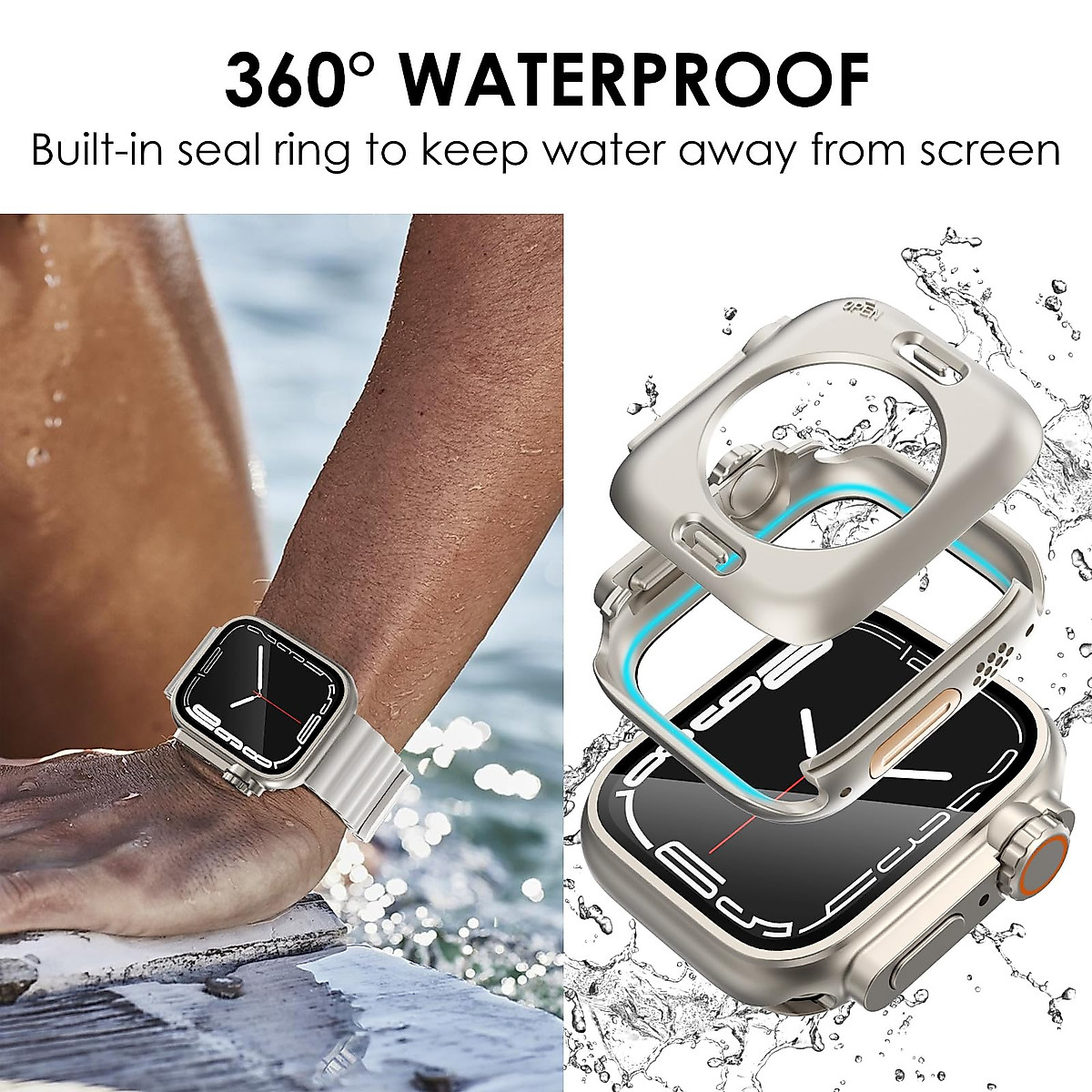 Fullife - Ultra Look - 2 in 1 Compatible with Waterproof Apple Watch Case 44mm Series 6 5 4 SE with Tempered Glass Screen Protector, iWatch 360 Protective Hard PC Bumper for Men Women, 44mm Titanium