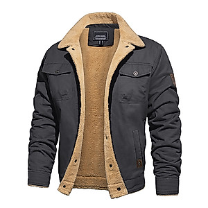 CRYSULLY Men's Winter Thicken Coat Button Cargo Jacket Windbreaker Coat Dark Grey