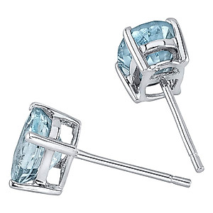 Peora 14K White Gold Aquamarine Earrings for Women, Genuine Gemstone Birthstone Classic Solitaire Studs, 7x5mm Oval Shape, 1.25 Carats total, Friction Back