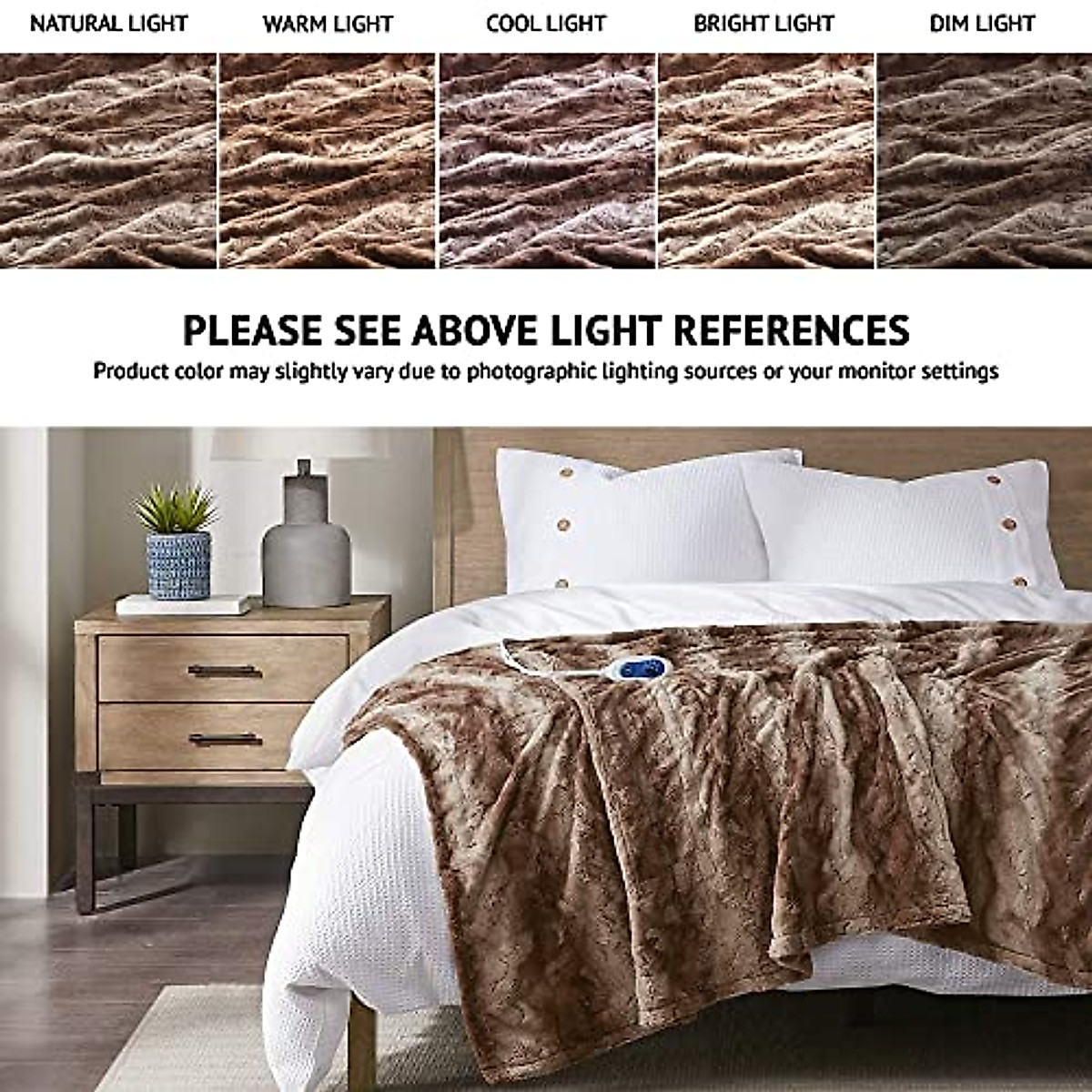 Beautyrest Zuri Reversible Faux Fur to Mink Electric Blanket, Auto Shut Off, Virtually Zero EMF, Multi Heat Setting, UL Certified, Machine Washable, Tan Tip Dye Throw 50x70"