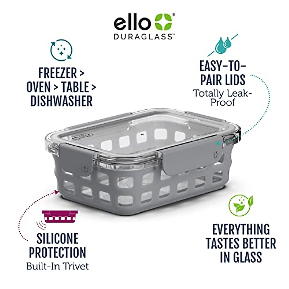 Ello Duraglass Meal Prep Container, 5 cup- Glass Food Storage Container with Silicone Sleeve and Airtight BPA-Free Plastic Lid, Dishwasher, Microwave, and Freezer Safe, Midnight