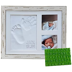 Baby Mushroom Farmhouse Baby Hand & Footprint Picture Frame Keepsake Kit - Rustic 9" x 11" Distressed Wood Frame, Clay, & Stencil for Newborns, New Mom, Registry Gift