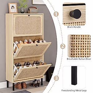 Sweiko 3 Flip Drawer Shoe Cabinet Natural Rattan Shoe Cabinet Organizer Freestanding Wooden Shoe Rack Storage Cabinet with Metal Legs for Entryway Hallway Bedroom Mudroom