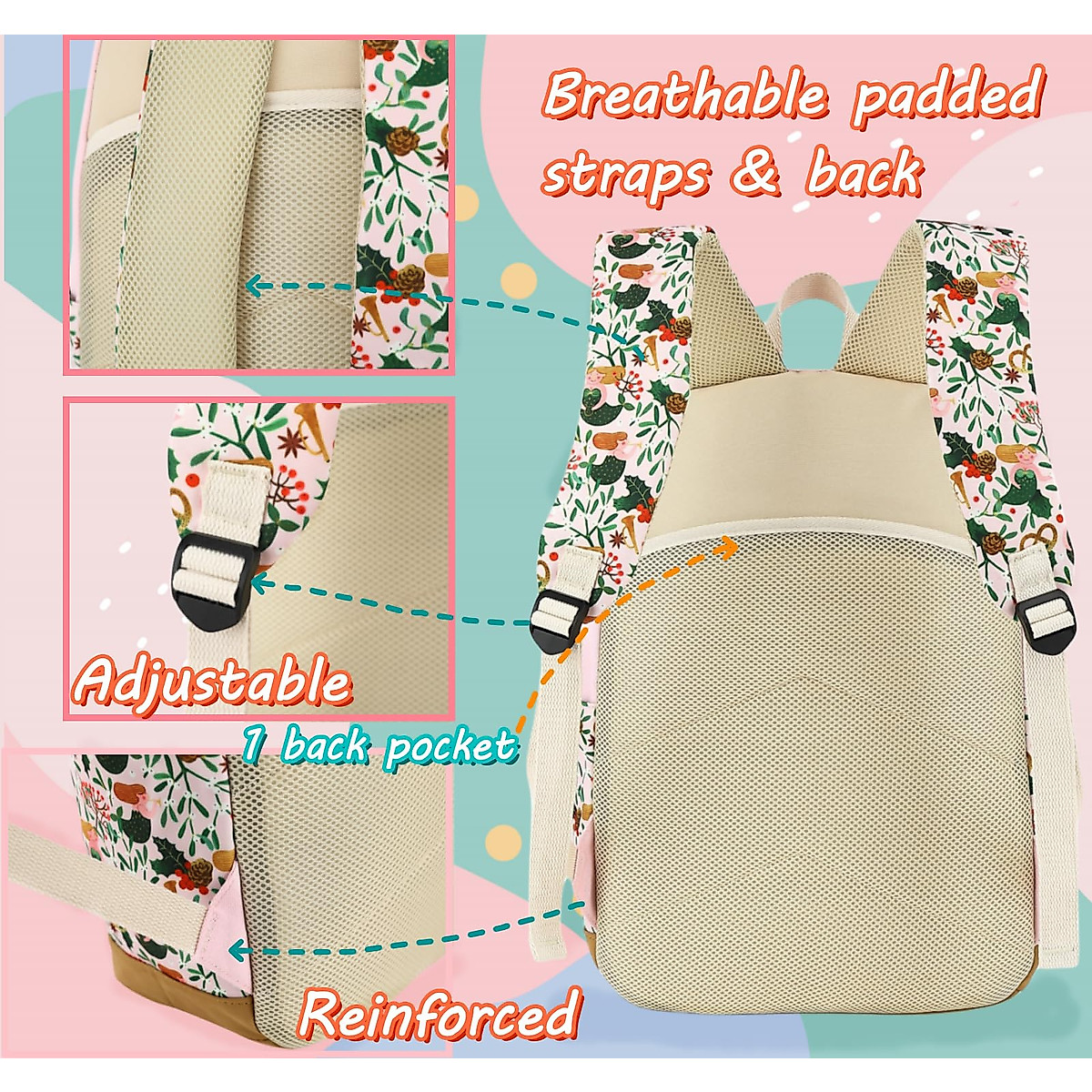 Leaper Girls Cute Backpack for School Laptop Backpack Canvas Travel Backpack for Women Kids Backpack College Kawaii Bookbag School Bags Floral Pink